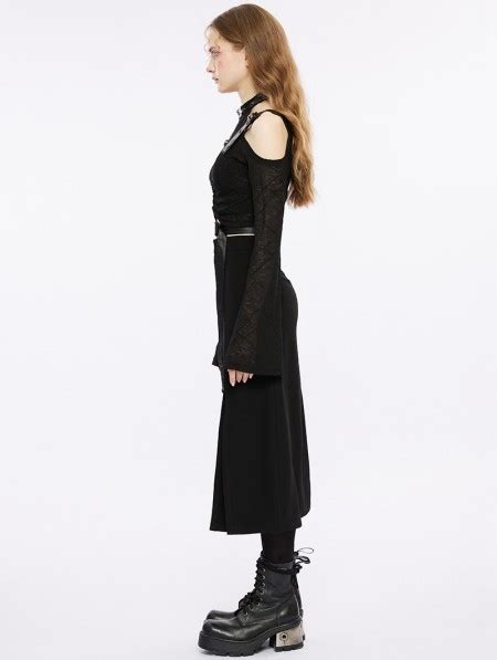 Punk Rave Black Gothic Punk Cross Hollow Out Short T Shirt For Women