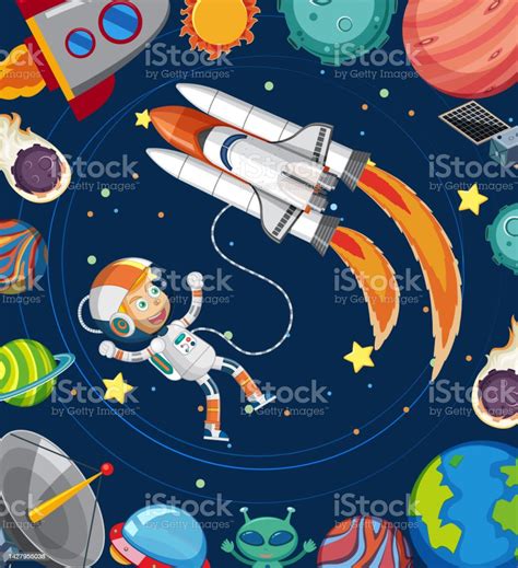 Cartoon Space Background With Astronaut向量圖形及更多space And Astronomy圖片