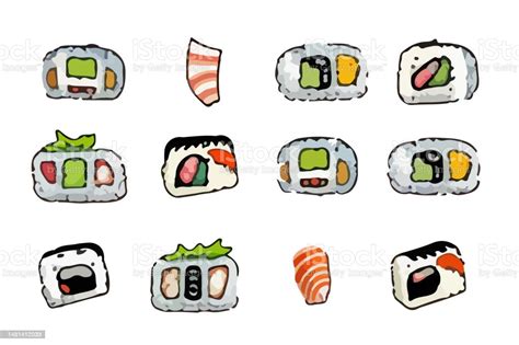 벡터 초밥 세트입니다 롤 테마키와 이나리 흰색 배경에 격리 된 다양한 종류의 초밥 세트 초밥에 대한 스톡 벡터 아트 및 기타 이미지 Istock