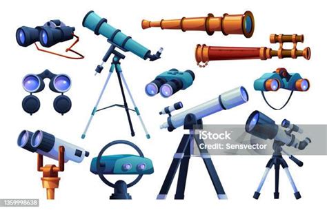 삼각대 복고풍 스파이 안경 만화 아이콘 세트에 스파이 쌍안경과 망원경 원거리 군사 내비게이션 렌즈를 관찰하고 발견할 수 있는 벡터 광학 장비 필드 안경 탐사 도구 망원경에