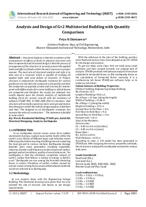 Pdf Irjet Analysis And Design Of G 2 Multistoried Building With Quantity Comparison