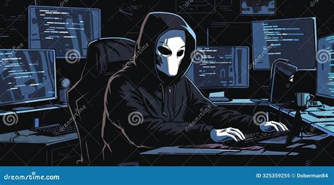 Hacker Wearing Black Hoodie And White Mask Typing On A Keyboard In A