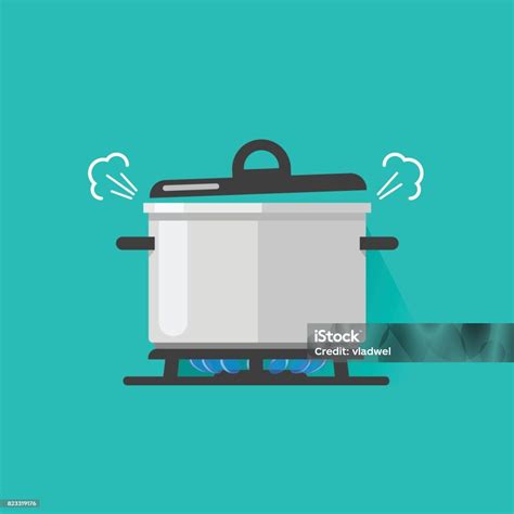 가스 증기 팬 난로 화재 일부 끓는 음식 벡터 일러스트 절연 평면 만화 냄비 및 부엌 난로 요리 팬 주방용구에 대한 스톡 벡터