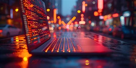 Closeup Of A Laptop Screen Displaying Abstract Programming Code Icons And Network Technology In