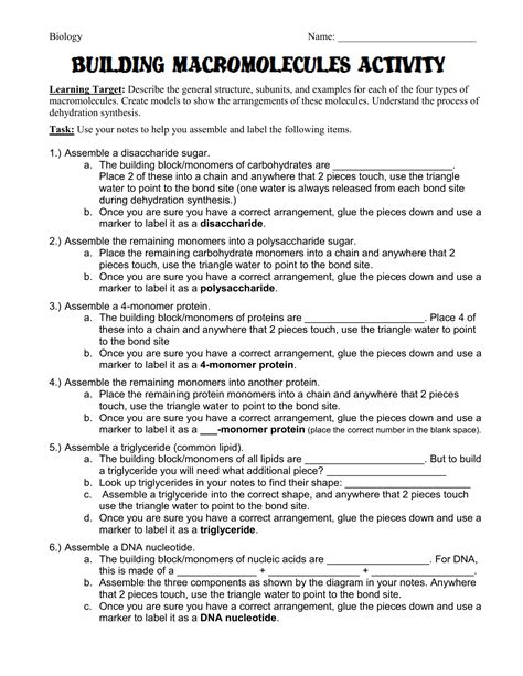Building Macromolecules Worksheet Answers Pro Worksheet