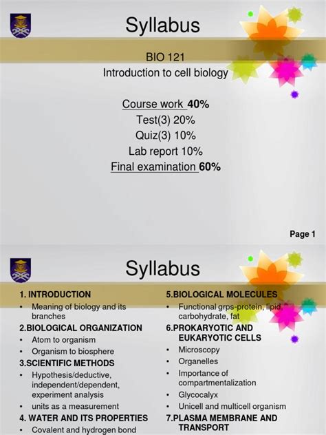 Syllabus Bio 121 Introduction To Cell Biology Pdf Reproduction