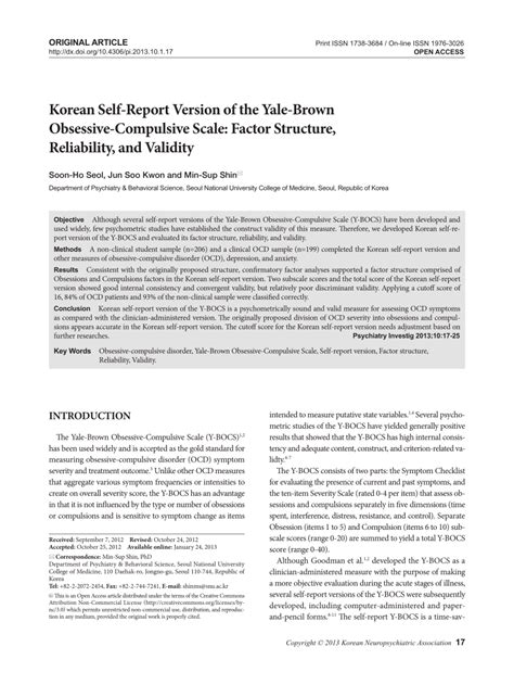 Pdf Korean Self Report Version Of The Yale Brown Obsessive Compulsive Scale Factor Structure