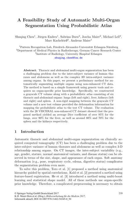 PDF A Feasibility Study Of Automatic Multi Organ Segmentation Using Probabilistic Atlas