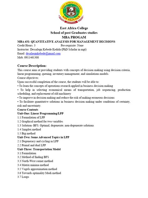 Quantitative Analysis Course Out Line For Merge Pdf Linear