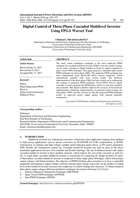 Pdf Digital Control Of Three Phase Cascaded Multilevel Inverter Using Fpga Wavect Tool