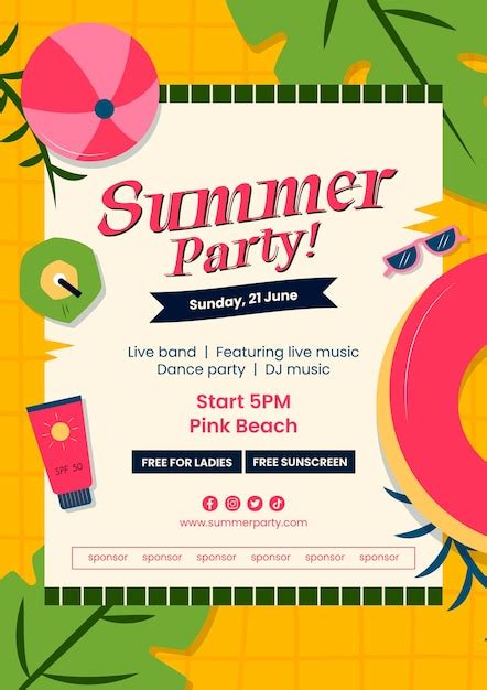 여름철 플랫 파티 포스터 템플릿 무료 벡터