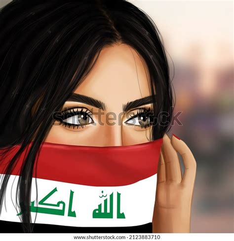 Girl Holding Iraqi Flag Her Face Stock Illustration 2123883710