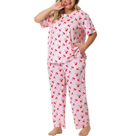 Plus Size Pajama Set For Women Short Sleeve Cherry Print Elastic Soft