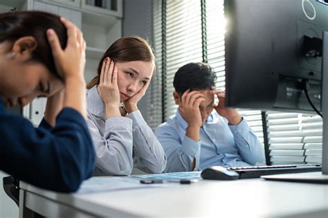 Cacasian Business Woman Call Center Having Headache In Office Place