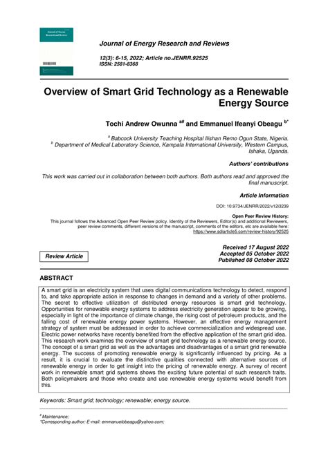 PDF Overview Of Smart Grid Technology As A Renewable Energy Source
