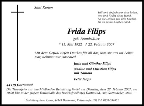 Traueranzeigen Von Frida Filips Trauer In Nrw De