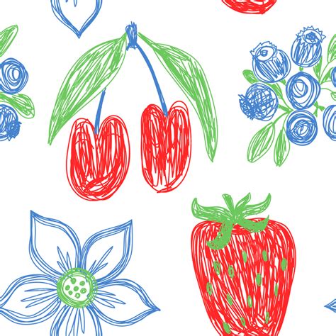 Fruit And Flower Sketch Pattern Background Cherry Strawberry Pattern Background Image And
