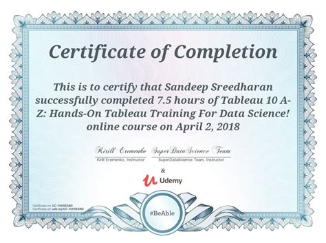 Completion Certificate For Tableau 10 A Z Hands On Tableau Training For… Sandeep Sreedharan