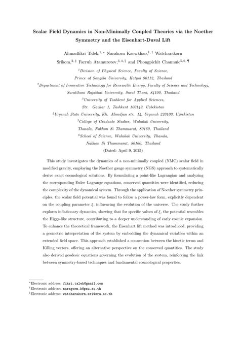 Pdf Scalar Field Dynamics In Non Minimally Coupled Theories Via The Noether Symmetry And The