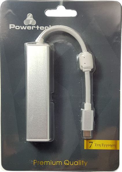 Powertech Usb 3 0 Hub 3 Θυρών με σύνδεση Usb C Ethernet Ασημί Pth