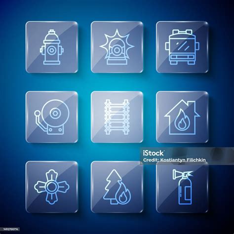 소방관 불타는 숲 나무 소화기 트럭 탈출 울리는 알람 벨 소화전 및 불타는 집 아이콘을 설정합니다 벡터 거리에 대한 스톡 벡터 아트 및 기타 이미지 Istock