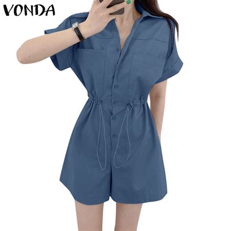 Vonda Women Summer Casual Korean Solid Color Short Sleeve Lapel Button