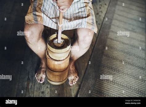 Man Making Butter With Butter Churn Old Traditional Method Making Of