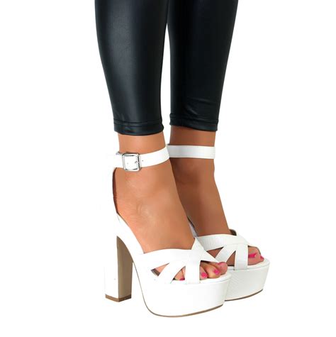 Ladies Block Heel Ankle Strap Sandals Strappy Chunky Peep Toe Party