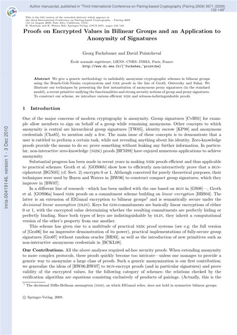 Pdf Proofs On Encrypted Values In Bilinear Groups And An Application To Anonymity Of Signatures