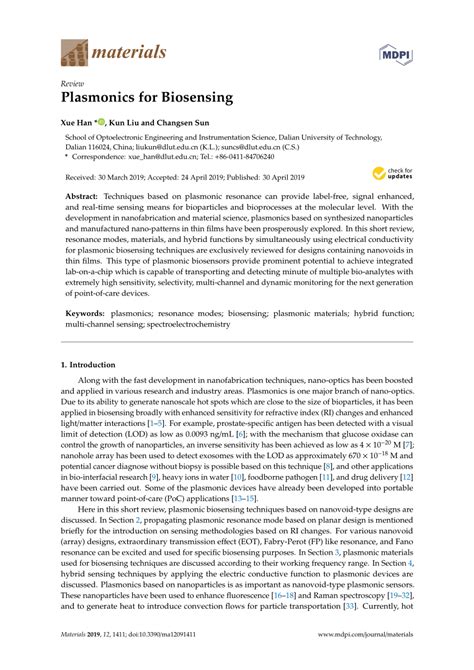 Pdf Plasmonics For Biosensing