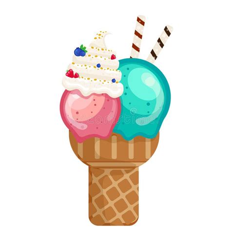 Icecream Strawberry Blueberry Scoops Waffle Cone Vector Illustration