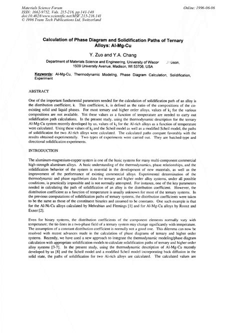 Calculation Of Phase Diagram And Solidification Paths Of Ternary Alloys Al Mg Cu Scientificnet