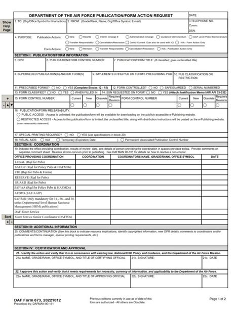Daf Form 673 Department Of The Air Force Publication Form Action
