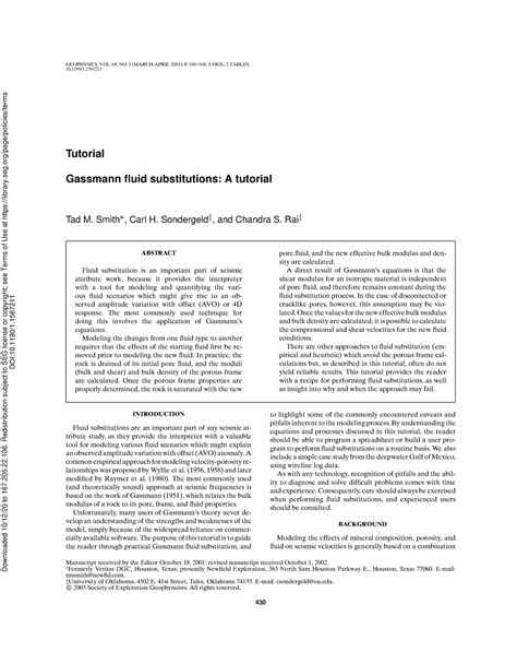 Gassmann Tutorial Geophysics Journal Geophysics Vol 68 No 2 March April 2003 P 430