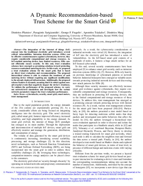 Pdf A Dynamic Recommendation Based Trust Scheme For The Smart Grid