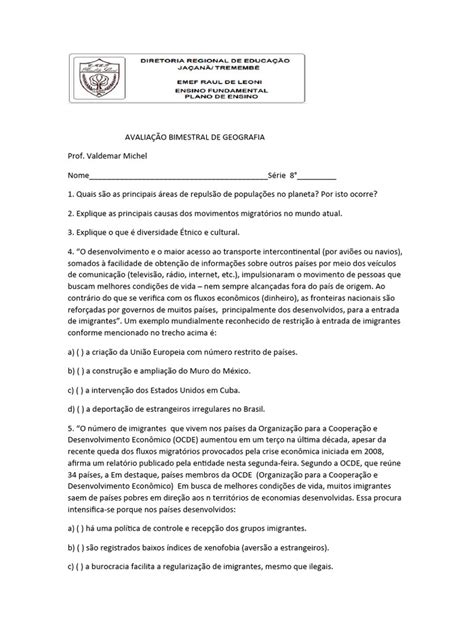 AvaliaÇÃo Bimestral De Geografia 2° Bi 8° Ano Pdf Imigração