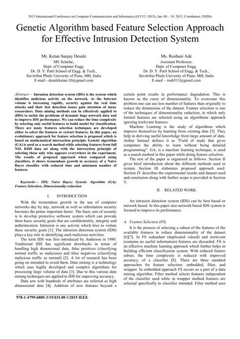 PDF Genetic Algorithm Based Feature Selection Approach For Effective