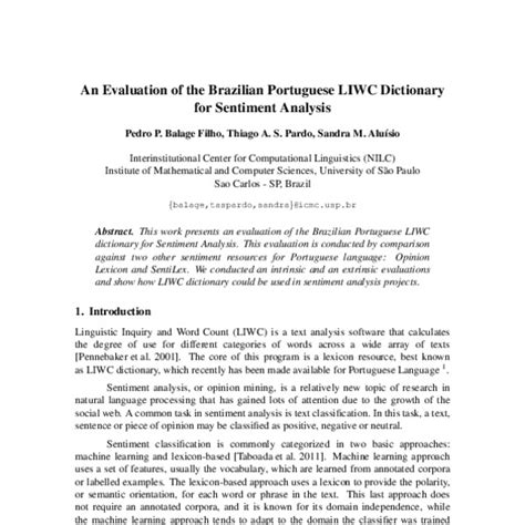 An Evaluation Of The Brazilian Portuguese Liwc Dictionary For Sentiment Analysis Acl Anthology