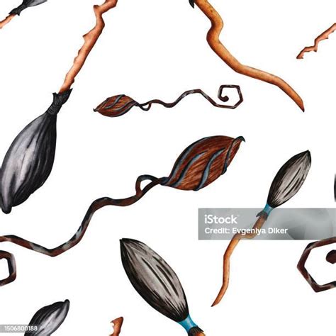 마녀의 빗자루 이음매 없는 패턴의 수채화 그림 할로윈을 위한 흰색 배경에 빗자루 세트 당신의 디자인을 위해 개체 그룹에 대한 스톡 벡터 아트 및 기타 이미지 Istock