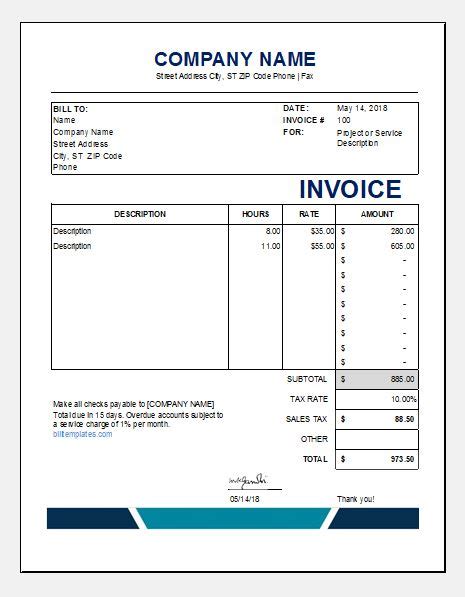 Service Billinvoice Templates For Ms Excel Download Files