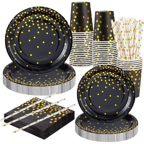Invités Vaisselle Anniversaire Assiette Carton Noire Or Gobelets Et