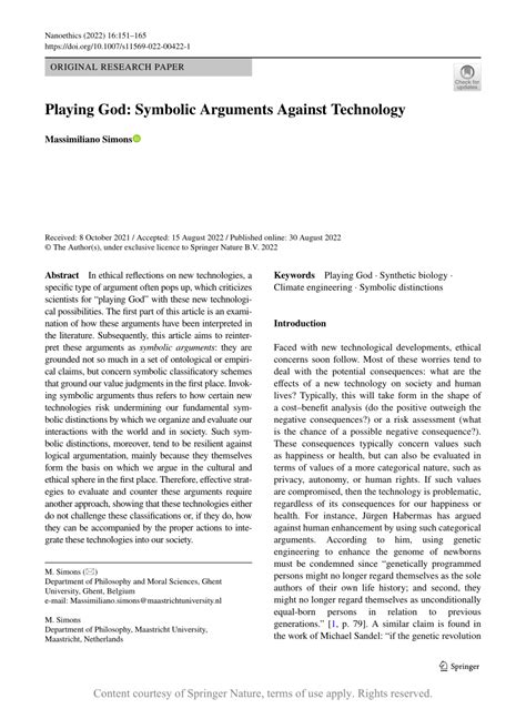 Playing God Symbolic Arguments Against Technology Request Pdf