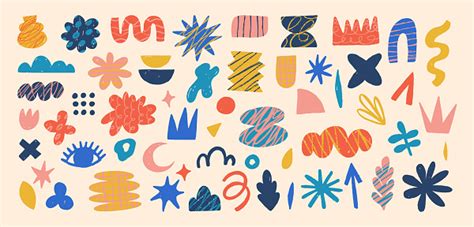 손으로 그린 순진하고 기괴한 추상적인 기하학적 모양과 형태 현대 현대 인물 다양한 유기적 모양 및 낙서 개체 벡터 그래픽 요소 물감 방울에 대한 스톡 벡터 아트 및 기타