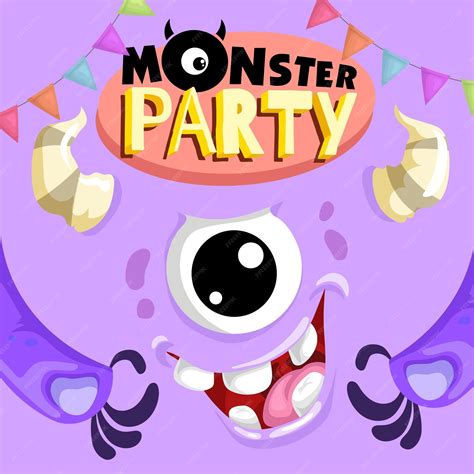 큰 얼굴을 가진 괴물 파티 배너 템플릿 재미있는 괴물 생일 축하 인사말 또는 만화 스타일 벡터 일러스트레이션의 기념일을 위한