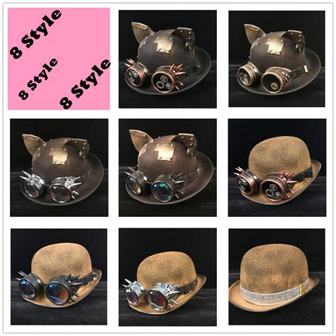 Women Steampunk Bowler Hat Patch Gear Glasses Gold Grandado