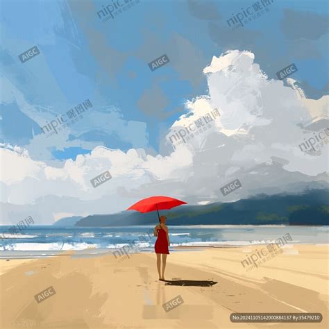 Ai创作图海滩漫步插画 手绘海边散步的女孩 孤独的红雨伞 撑红雨伞的女孩 海边少女插画 撑红伞美女背影 手绘海边散步的小姑娘 海边女孩插画 女学生海边插画 撑伞遮阳的女孩 撑伞的背影 插画海边