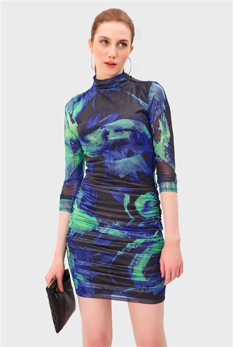 Shop Abstract Print Mesh Pleated Sheath Dress Eshakti