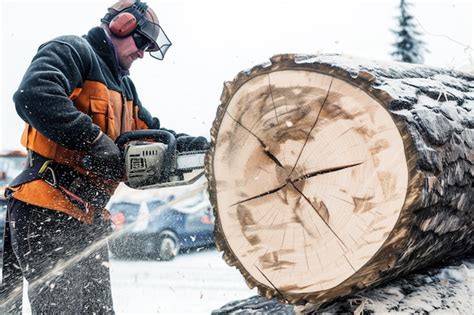 Premium Photo Lumberjack With Chainsaw Cutting A Large Log