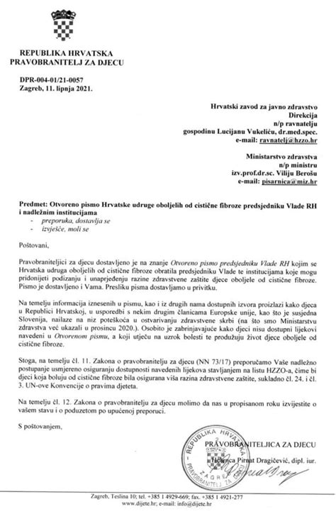 Pismo Pravobraniteljice Za Djecu