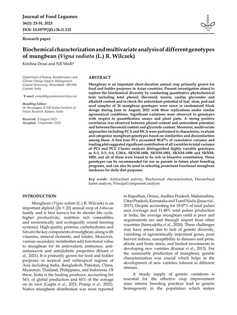 Pdf Biochemical Characterization And Multivariate Analysis Of